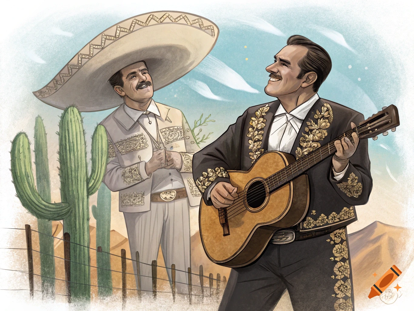 Illustration of two mariachi-style musicians, one playing a guitar ...