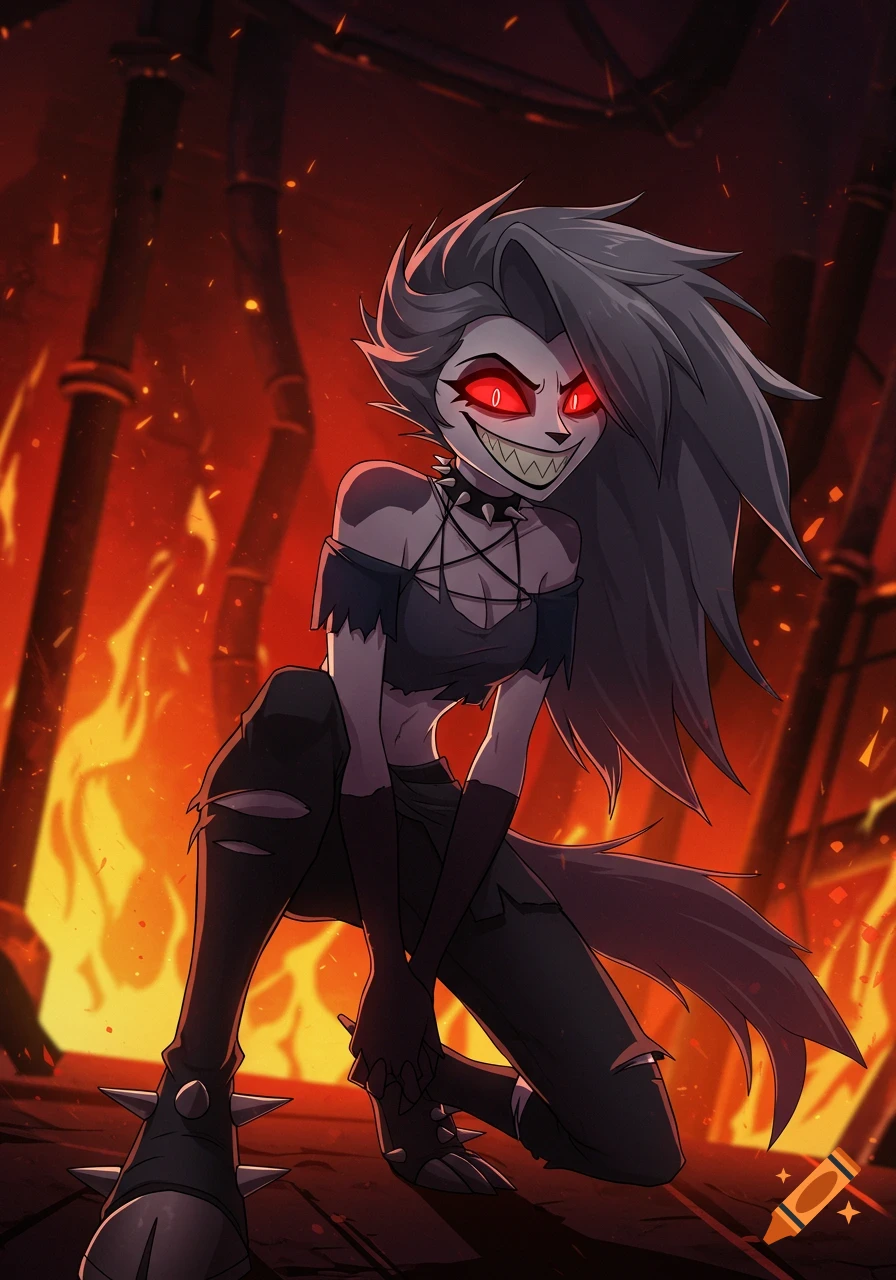An illustration of Loona from Helluva Boss, a hellhound woman with sharp teeth and red eyes ...