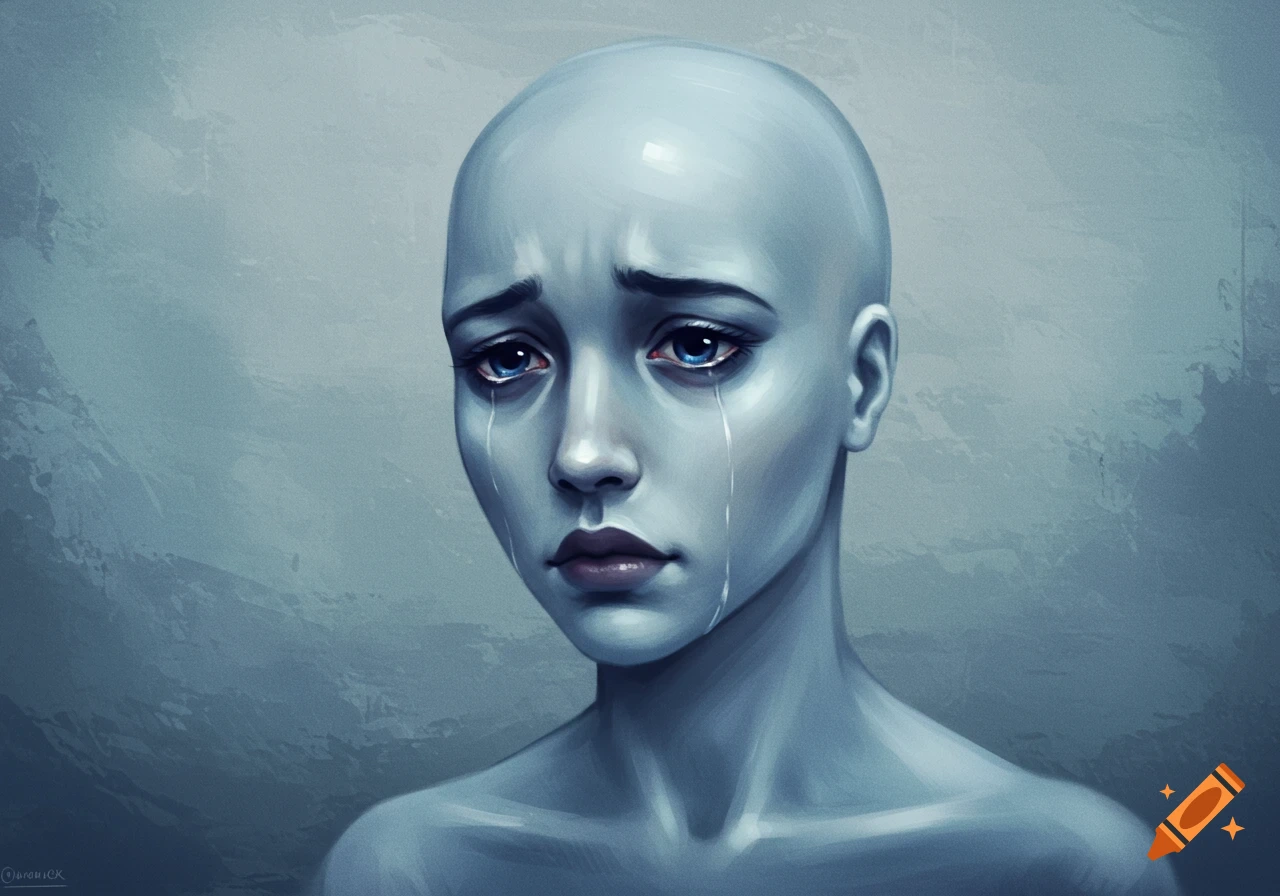 Digital illustration portrait of a bald person with blue eyes crying on ...