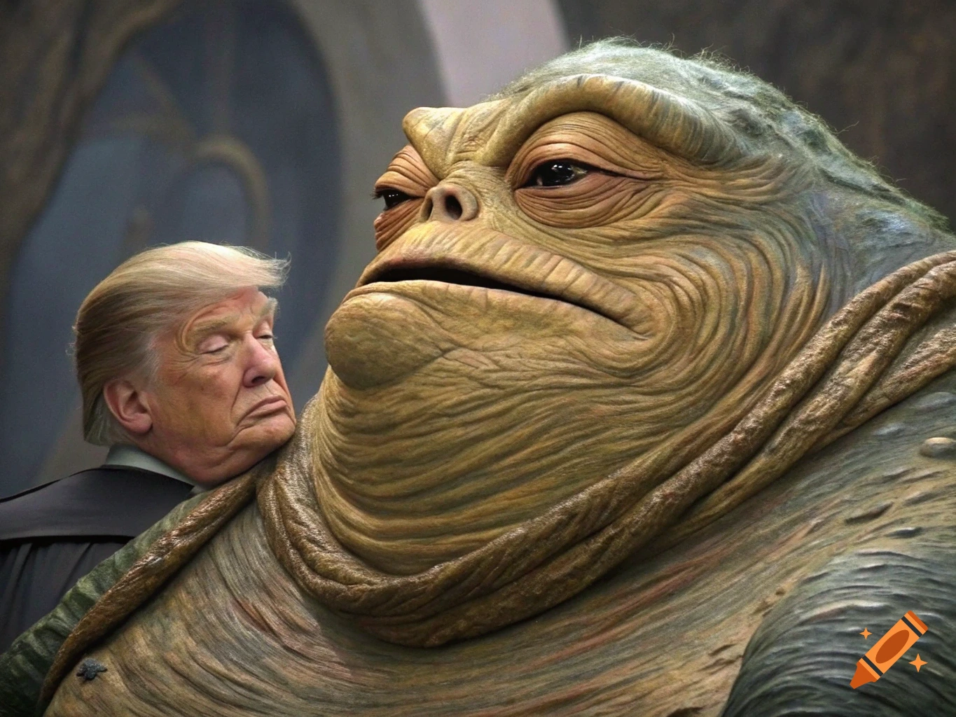 Head resembling Donald Trump resting on Jabba the Hutt's body. on Craiyon