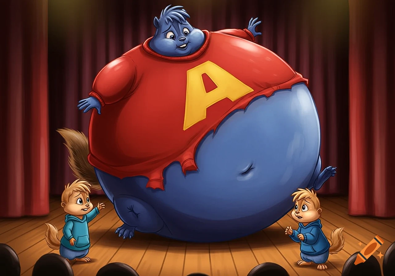 Cartoon chipmunk character Alvin is inflated and blue like a blueberry ...