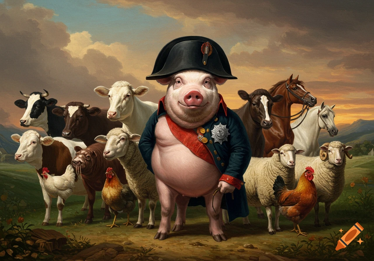 A pig dressed as Napoleon stands with cows, sheep, chickens, and horses in a field, painting ...