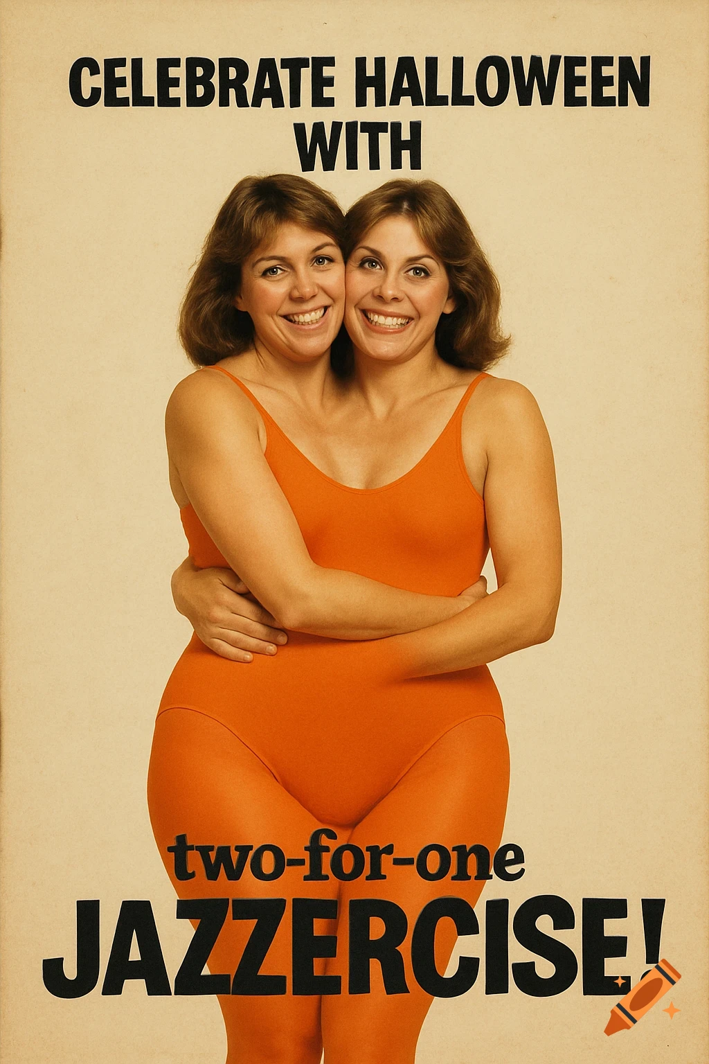Two women in an orange leotard appear as a two-headed figure on a retro Halloween Jazzercise ad ...