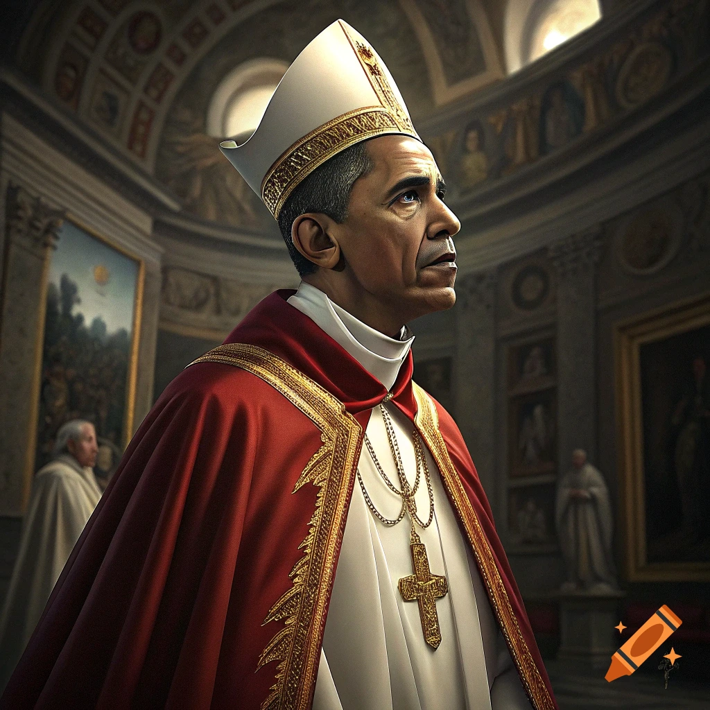 Portrait of Barack Obama dressed as the Pope in a detailed church ...