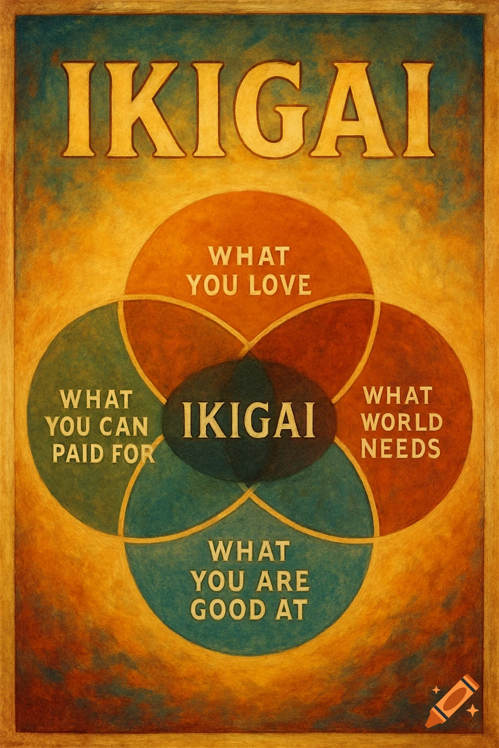 A poster illustrating the Ikigai concept with text in overlapping ...