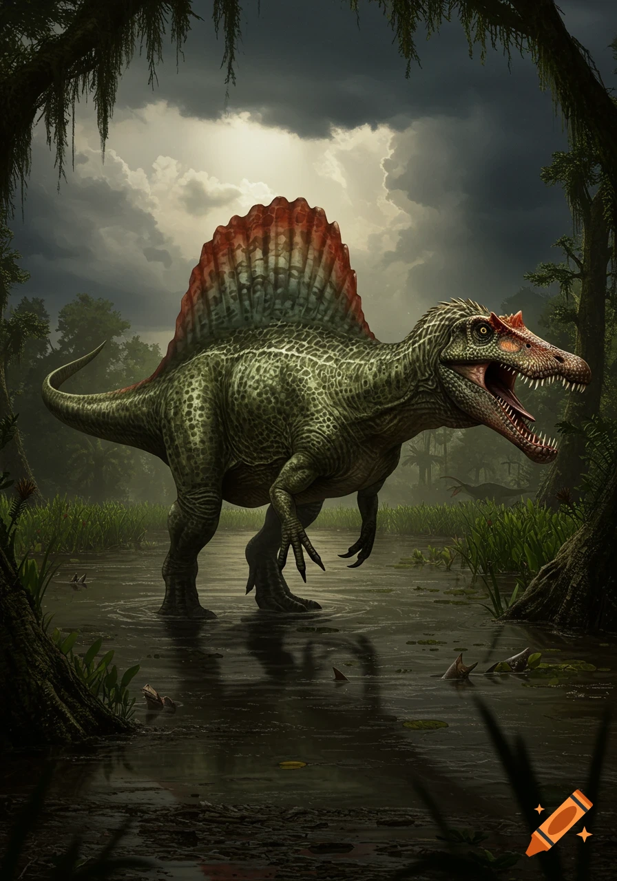 A large Spinosaurus stands in a swamp under a dramatic cloudy sky. on ...