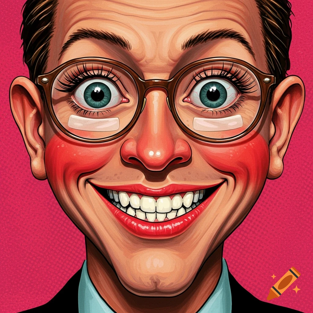 Stylized illustration of a man with glasses and exaggerated features ...
