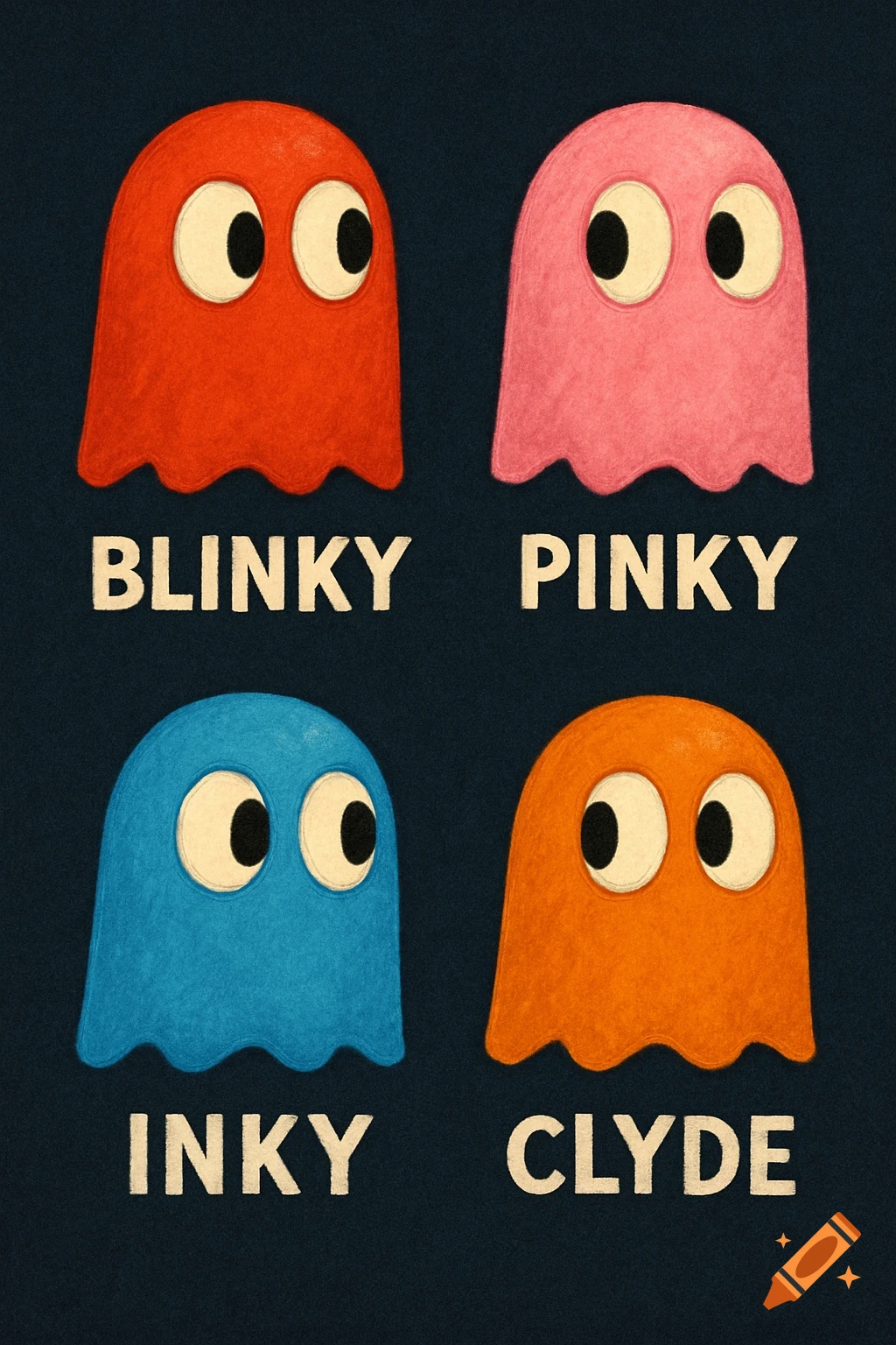 Four colorful Pac-Man ghosts: Blinky, Pinky, Inky, and Clyde. on Craiyon