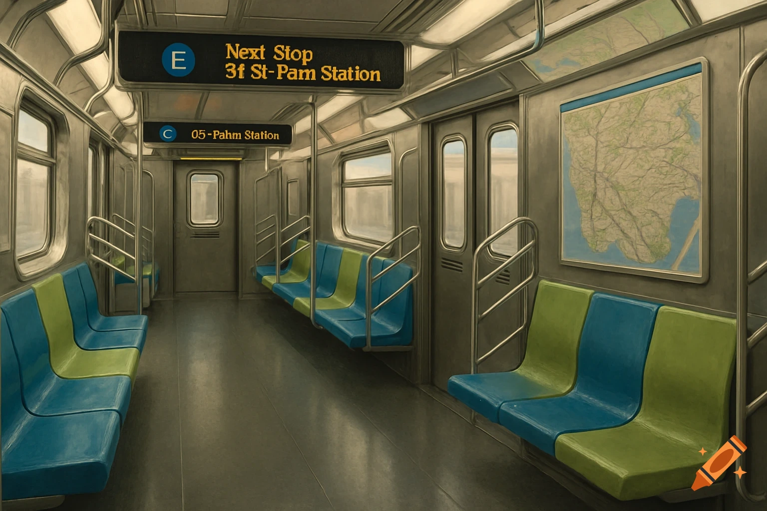 Interior of an empty subway car with blue and green seats and digital ...