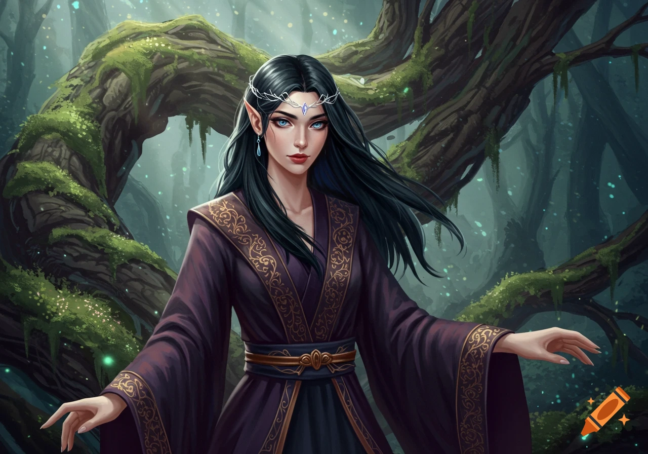 Fantasy portrait of an elf woman in a purple robe standing in a forest ...