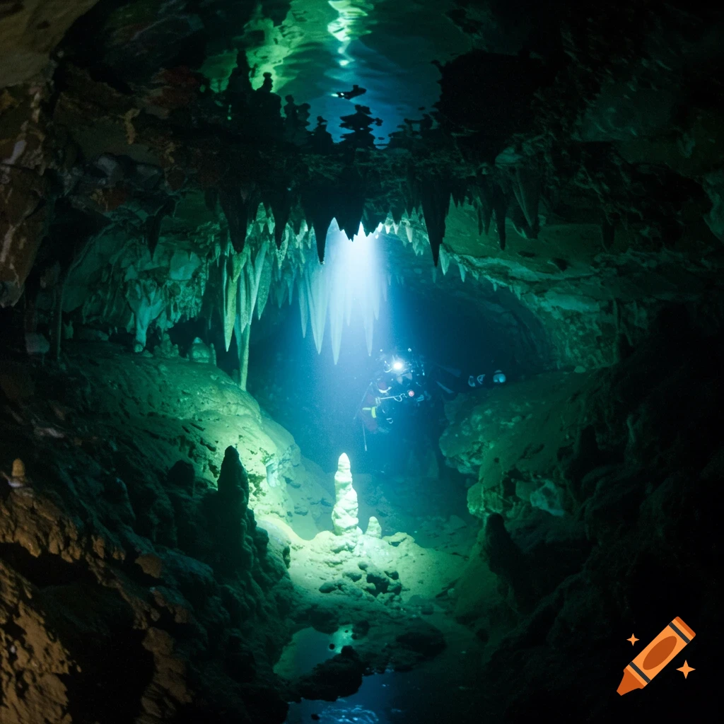 A cave diver is illuminated by a beam of light in a green-tinted ...