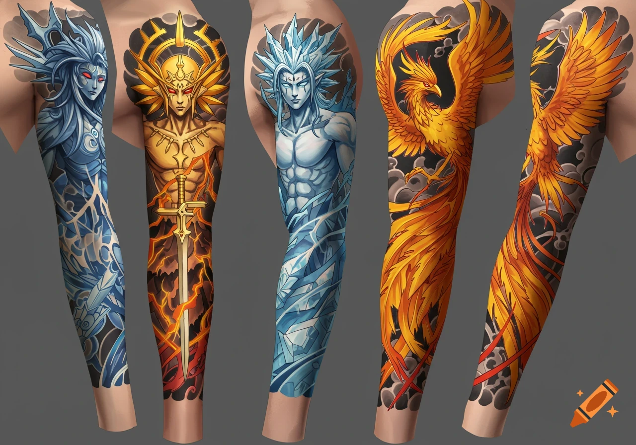Five different fantasy armsleeve tattoo designs, including ice figures ...