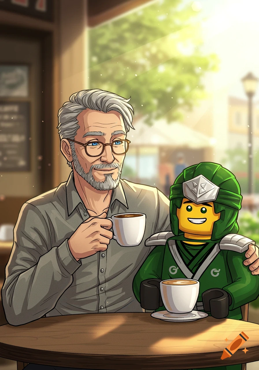 Illustrated man and Lego character drinking coffee at a cafe table. on ...