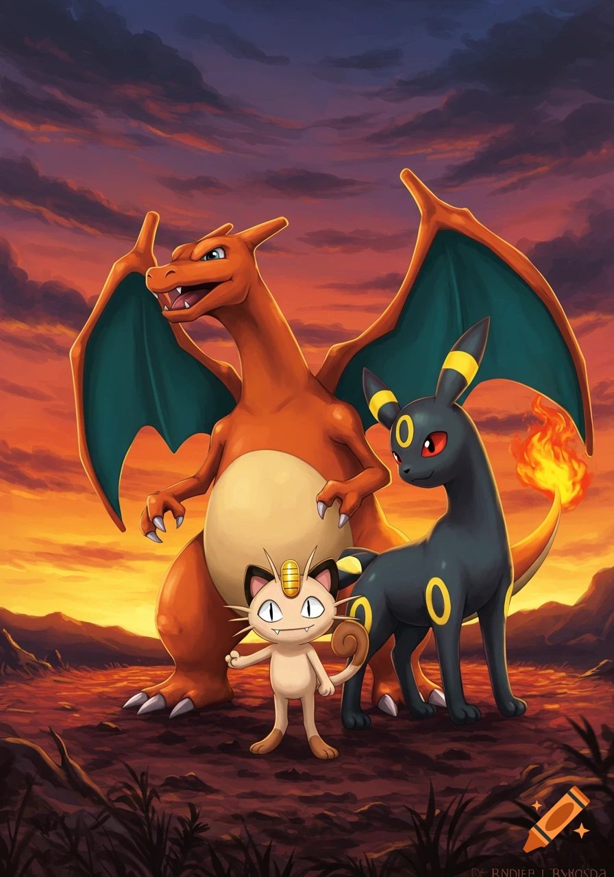 Charizard, Umbreon, and Meowth stand together in a vibrant sunset ...