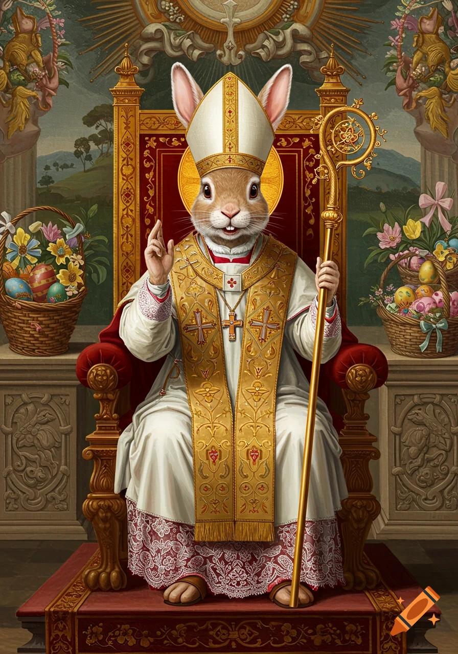 Painting of an Easter bunny dressed as the Pope, seated on a throne ...