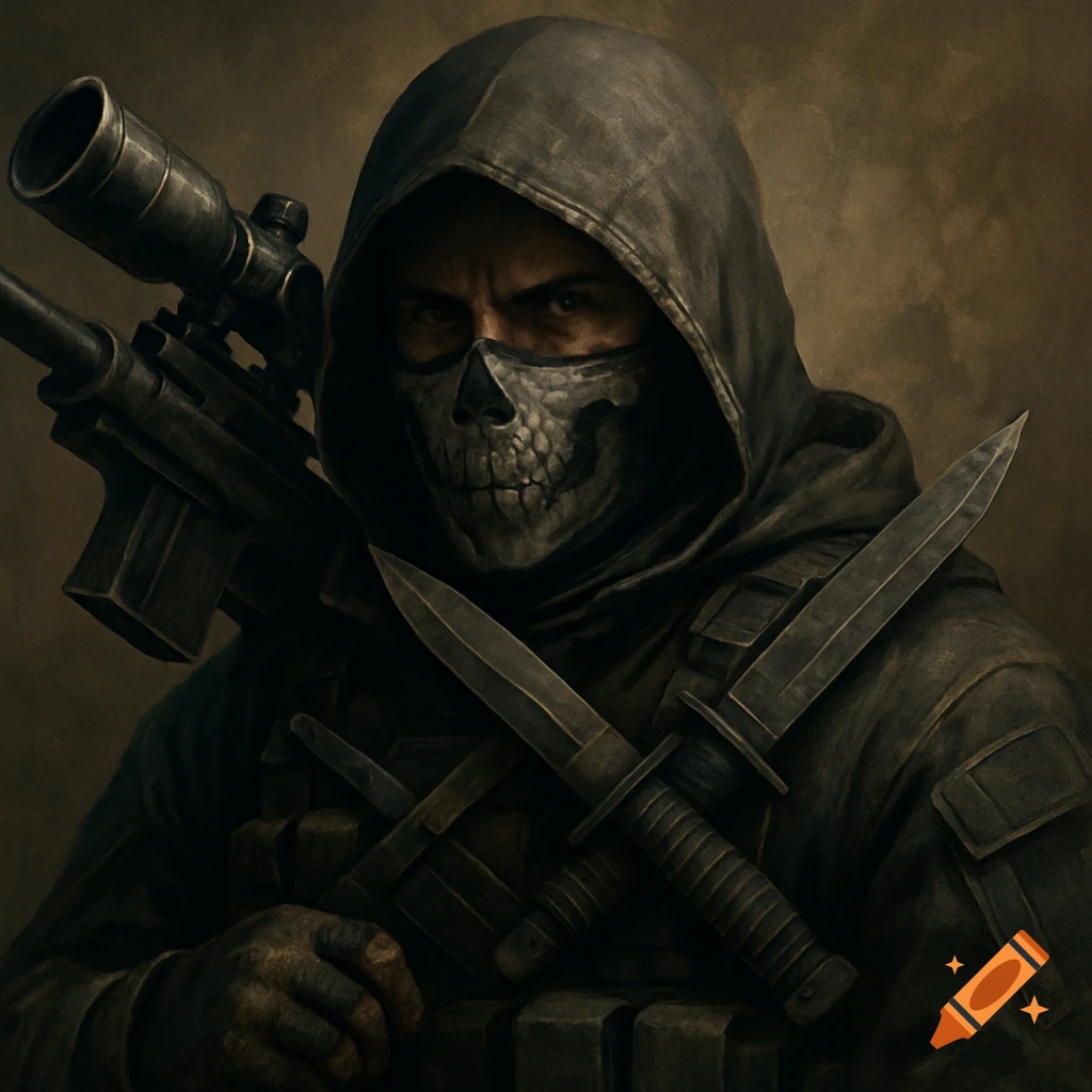 A person in a hood and skull mask holding a sniper rifle and knives. on ...