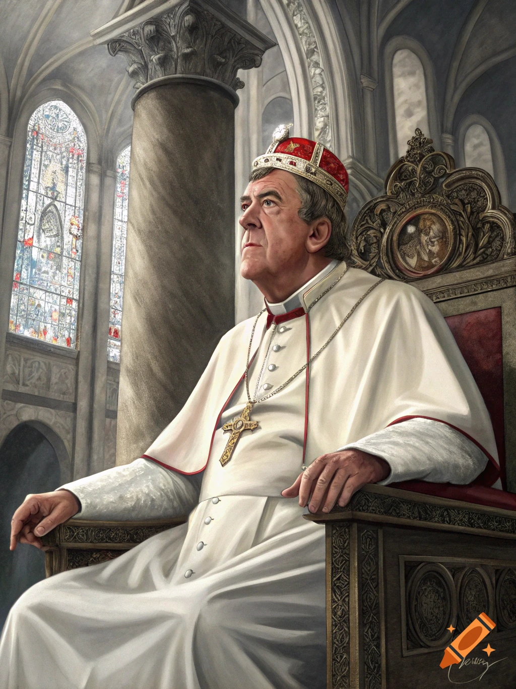 A man resembling Jeremy Clarkson sits on a throne dressed as a Pope in ...
