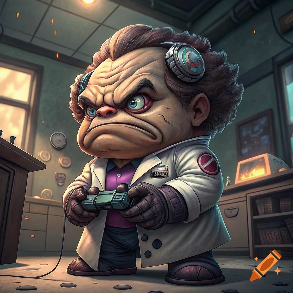 Cartoon scientist with big head and scowl holding a video game ...