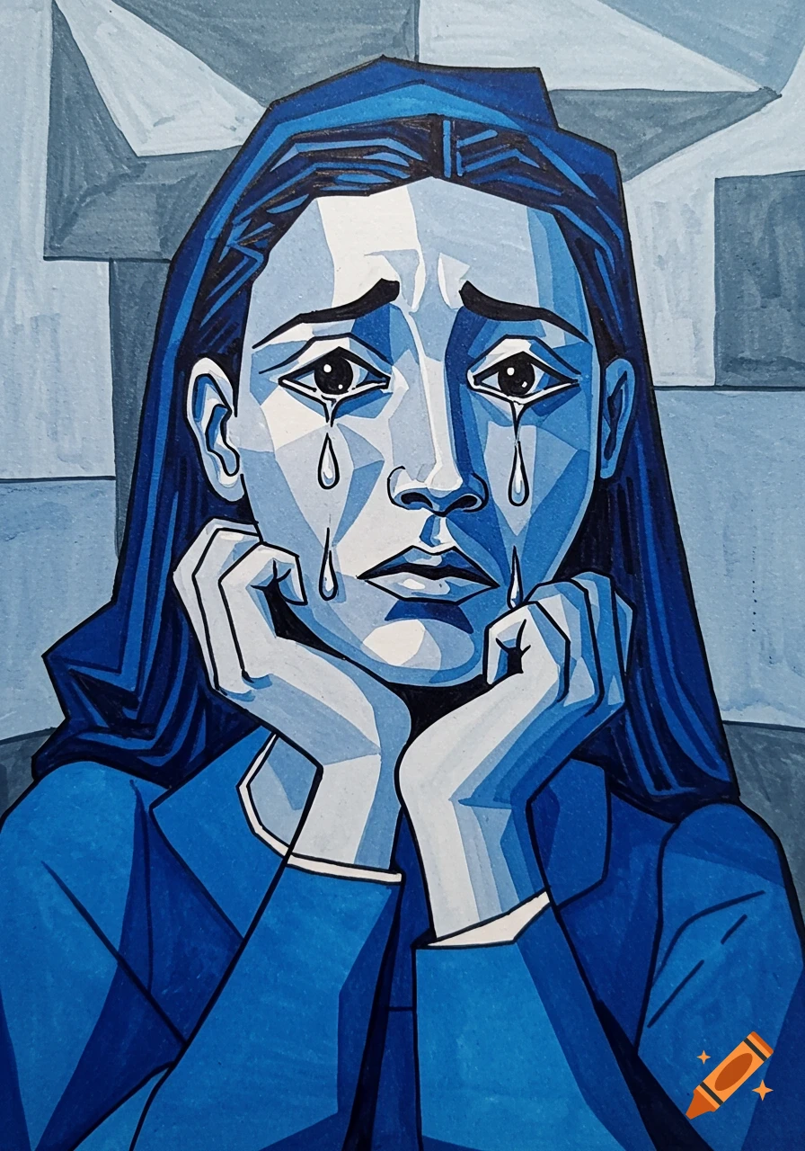 Cubist drawing of a woman crying in blue tones. on Craiyon