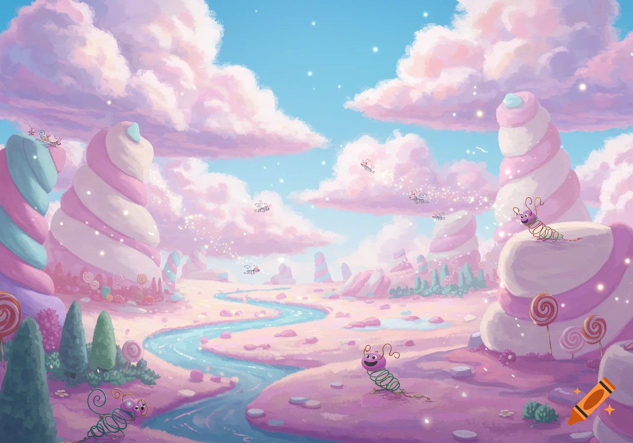 A cartoon fantasy landscape of a candy land with marshmallow mountains ...