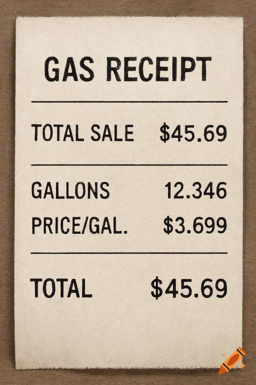 A close-up photo of a gas receipt showing the total sale of $45.69. on ...