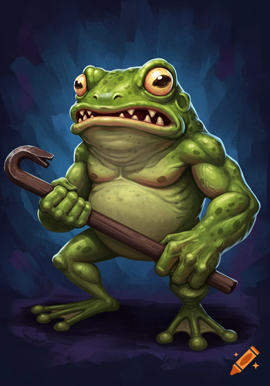 An illustration of a muscular, angry green frog holding a crowbar. on ...