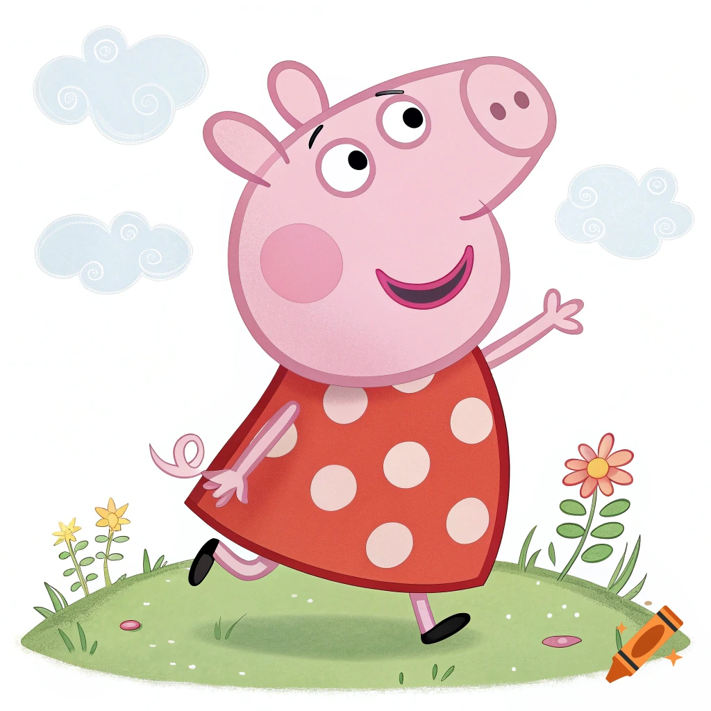 Illustration of Peppa Pig in a red polka dot dress running on grass ...