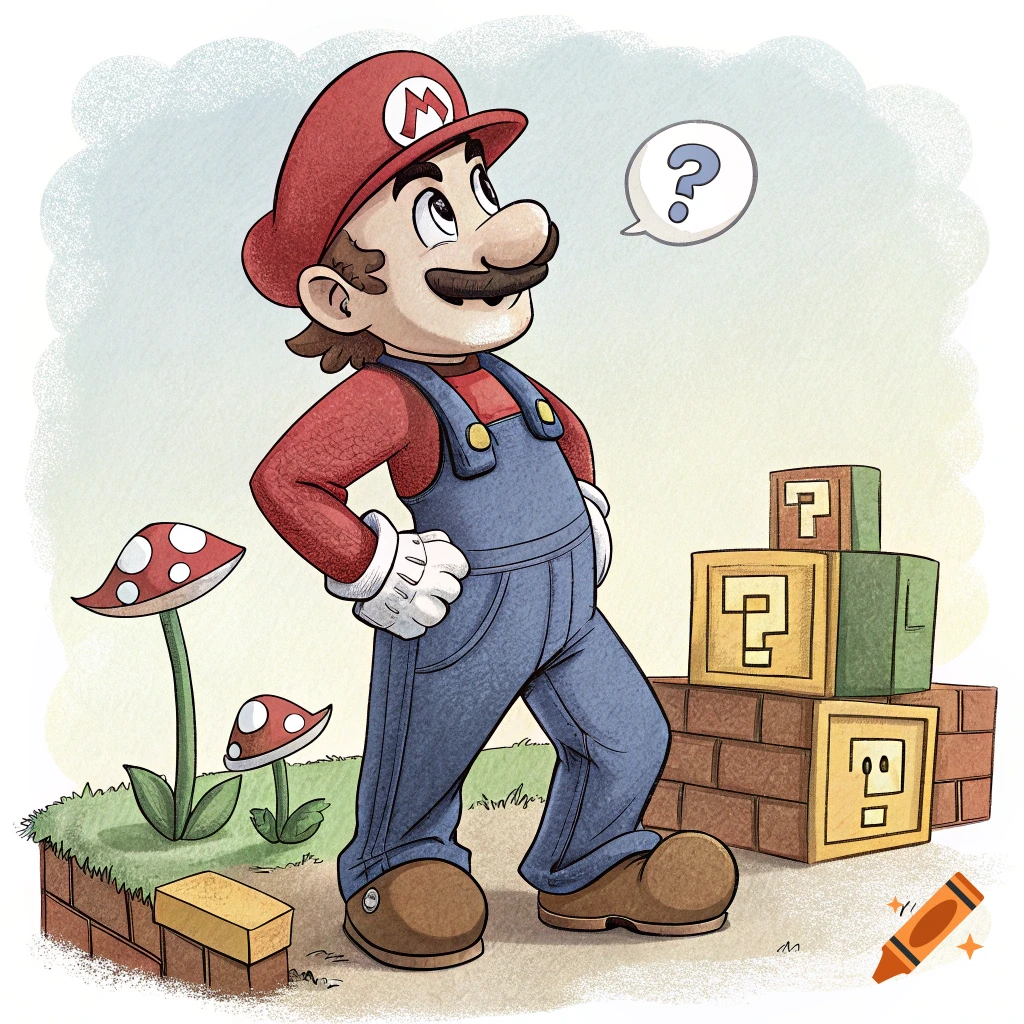 Illustration of Mario standing among question mark blocks and mushrooms ...
