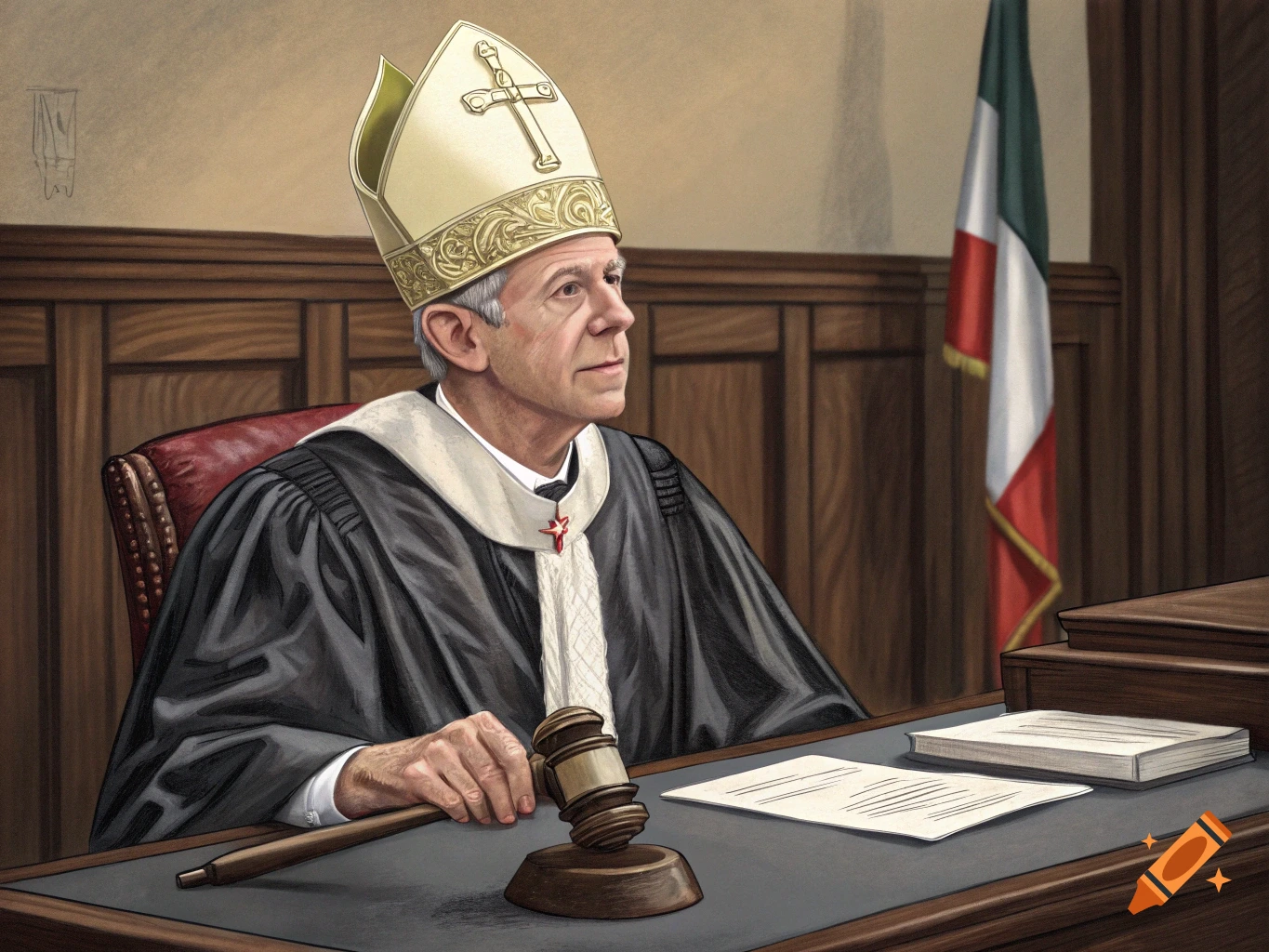 Illustration of a judge wearing a pope hat at a desk with a gavel. on ...