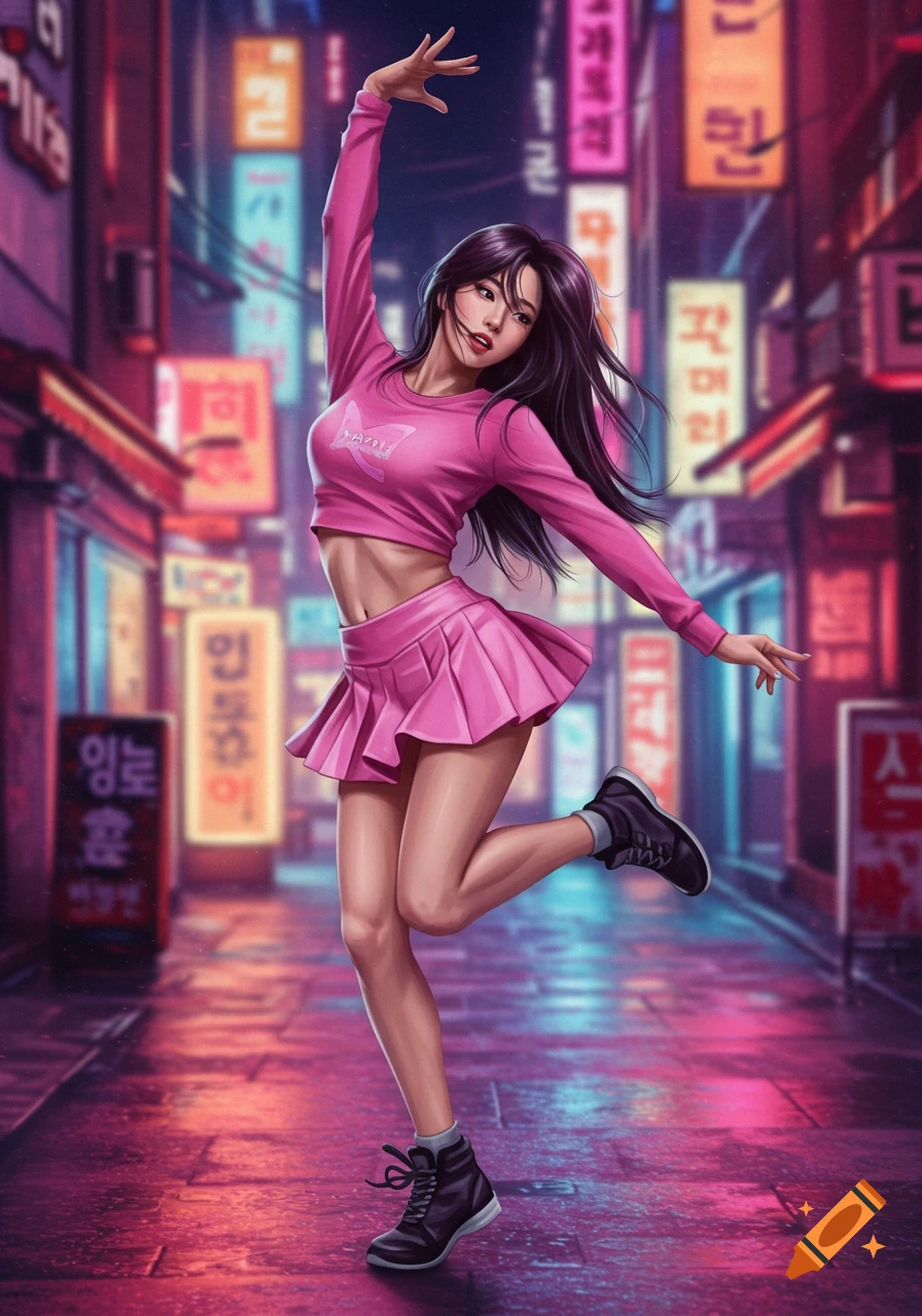 Illustration of a K-pop dancer in a pink crop top and miniskirt dancing ...