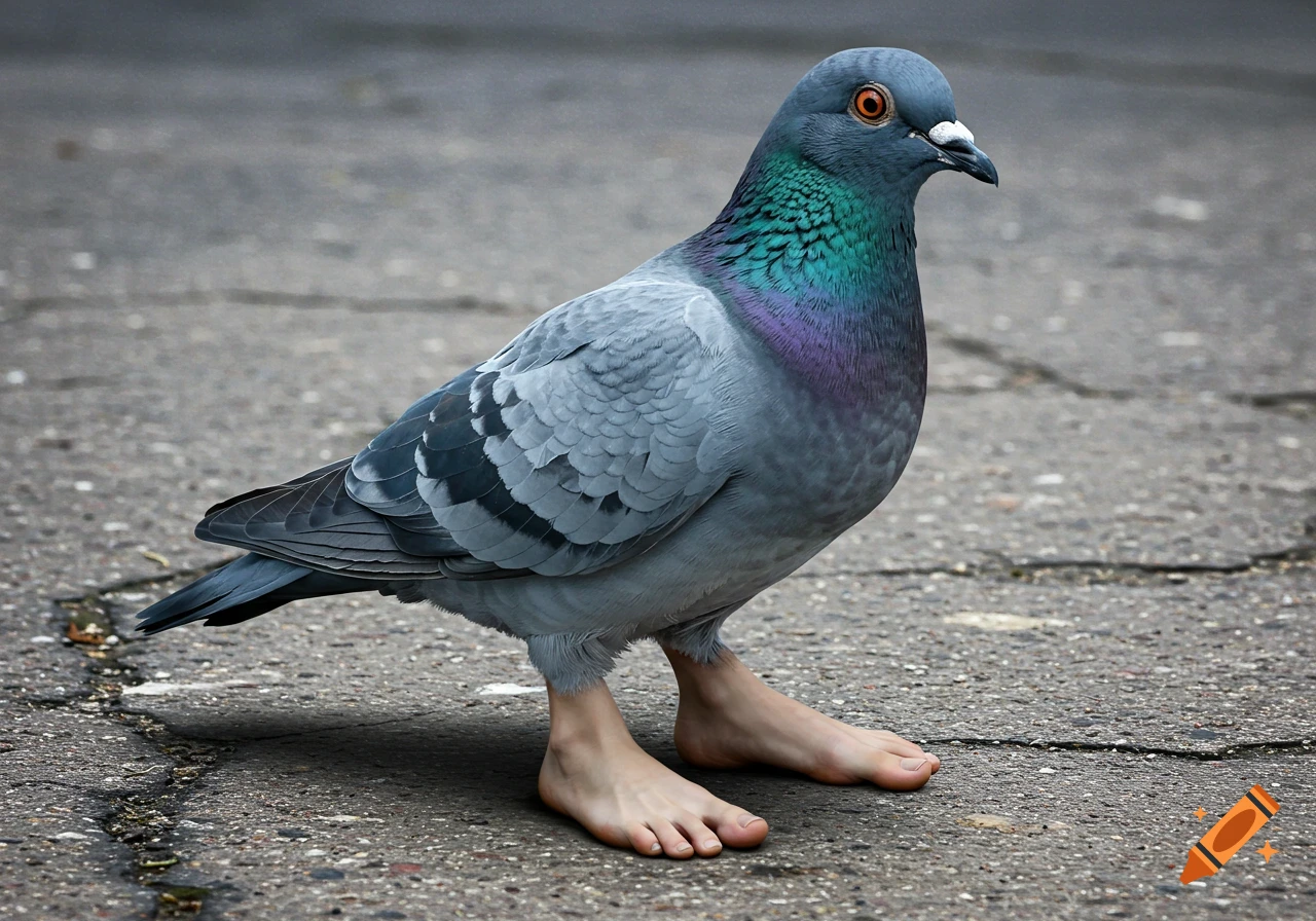 A photorealistic pigeon with human feet standing on asphalt. on Craiyon