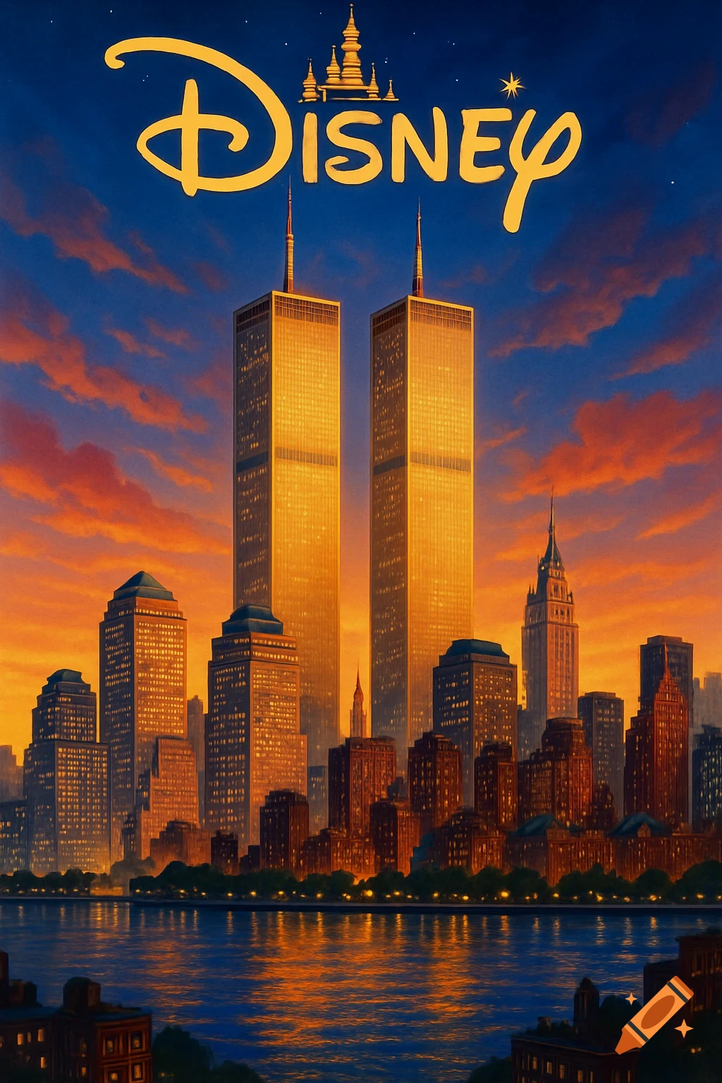 New York City skyline with the Twin Towers at sunset in a Disney poster ...