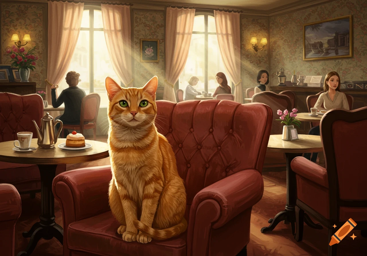 An orange tabby cat sits in a red chair in a sunlit cafe. on Craiyon