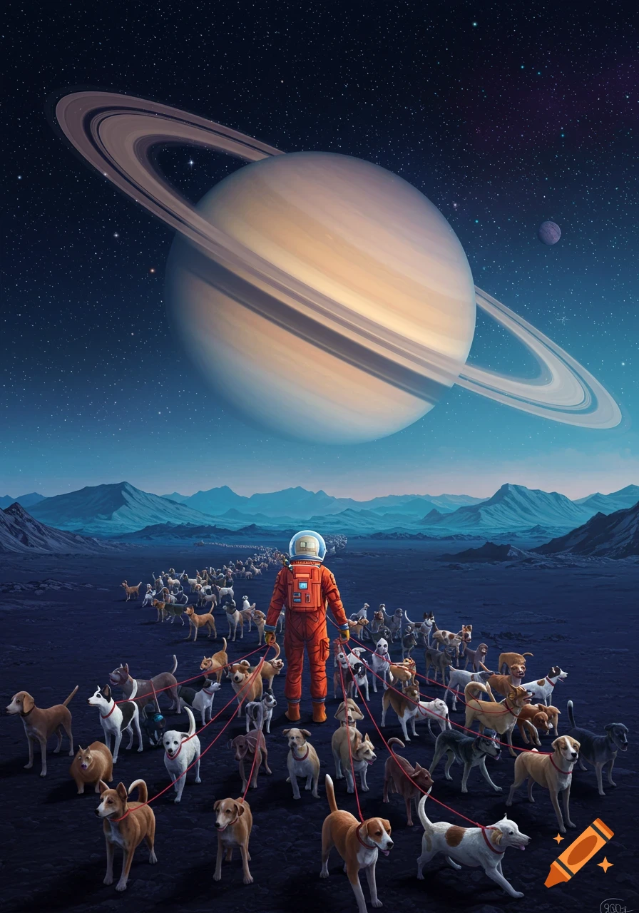 An astronaut walks a long line of dogs across an alien landscape under ...