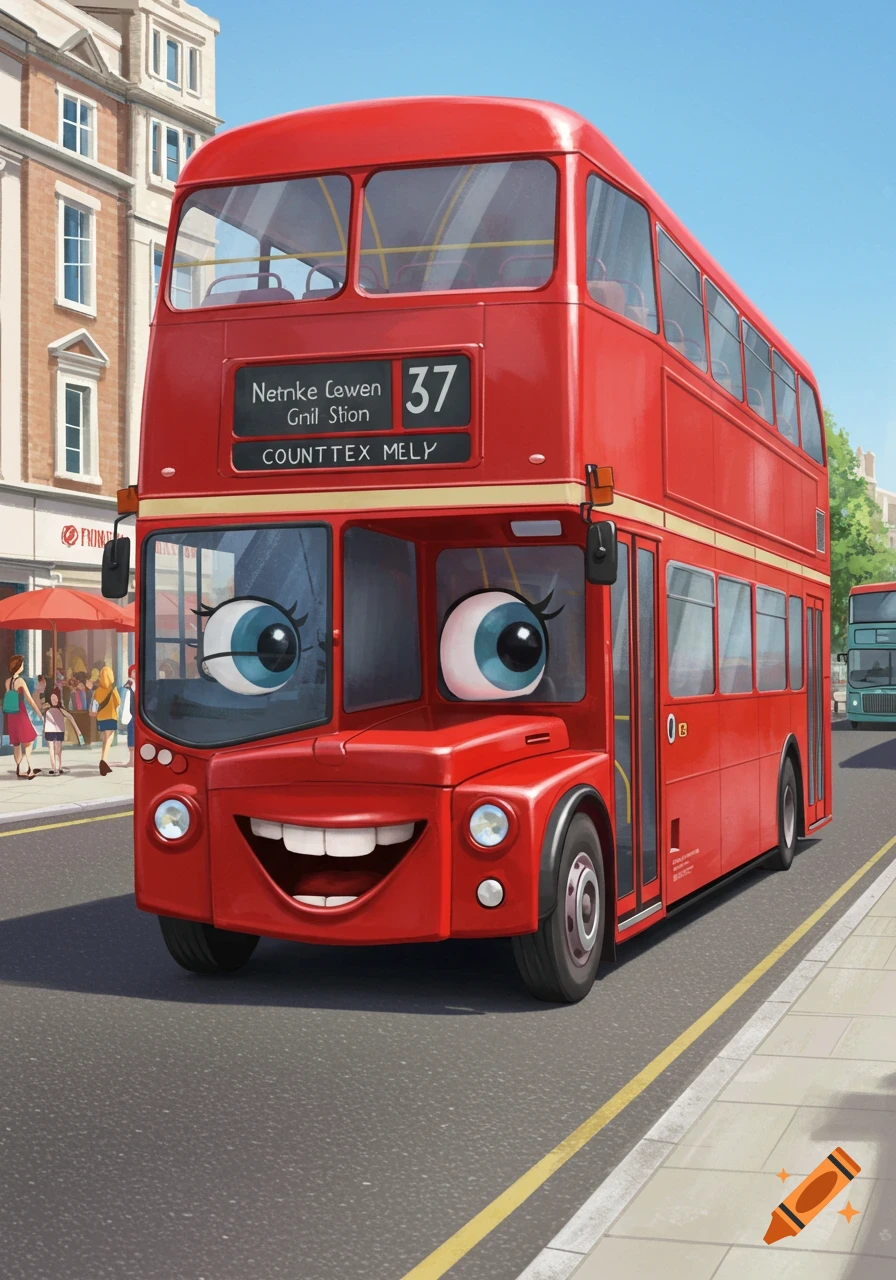 A red double-decker cartoon bus with eyes and a smile drives down a ...