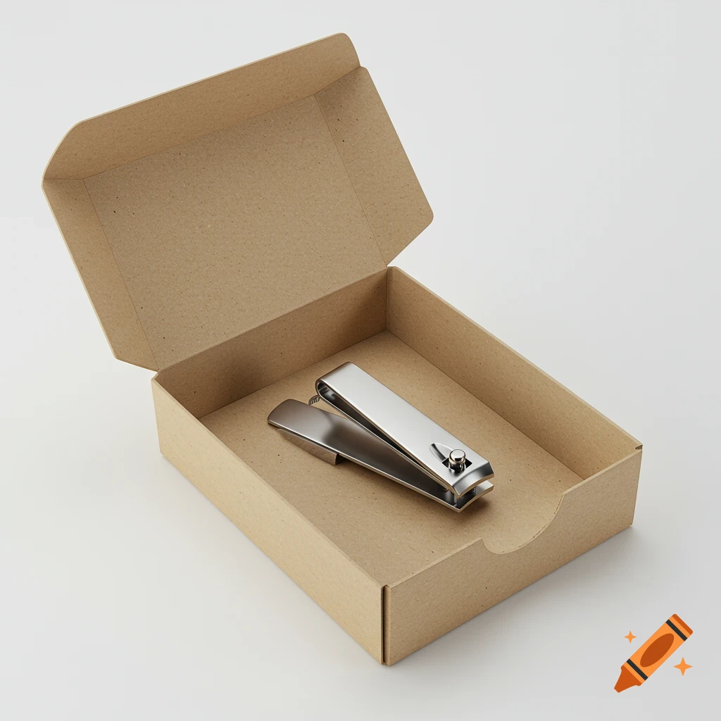 A nail clipper lies inside an open cardboard box. on Craiyon