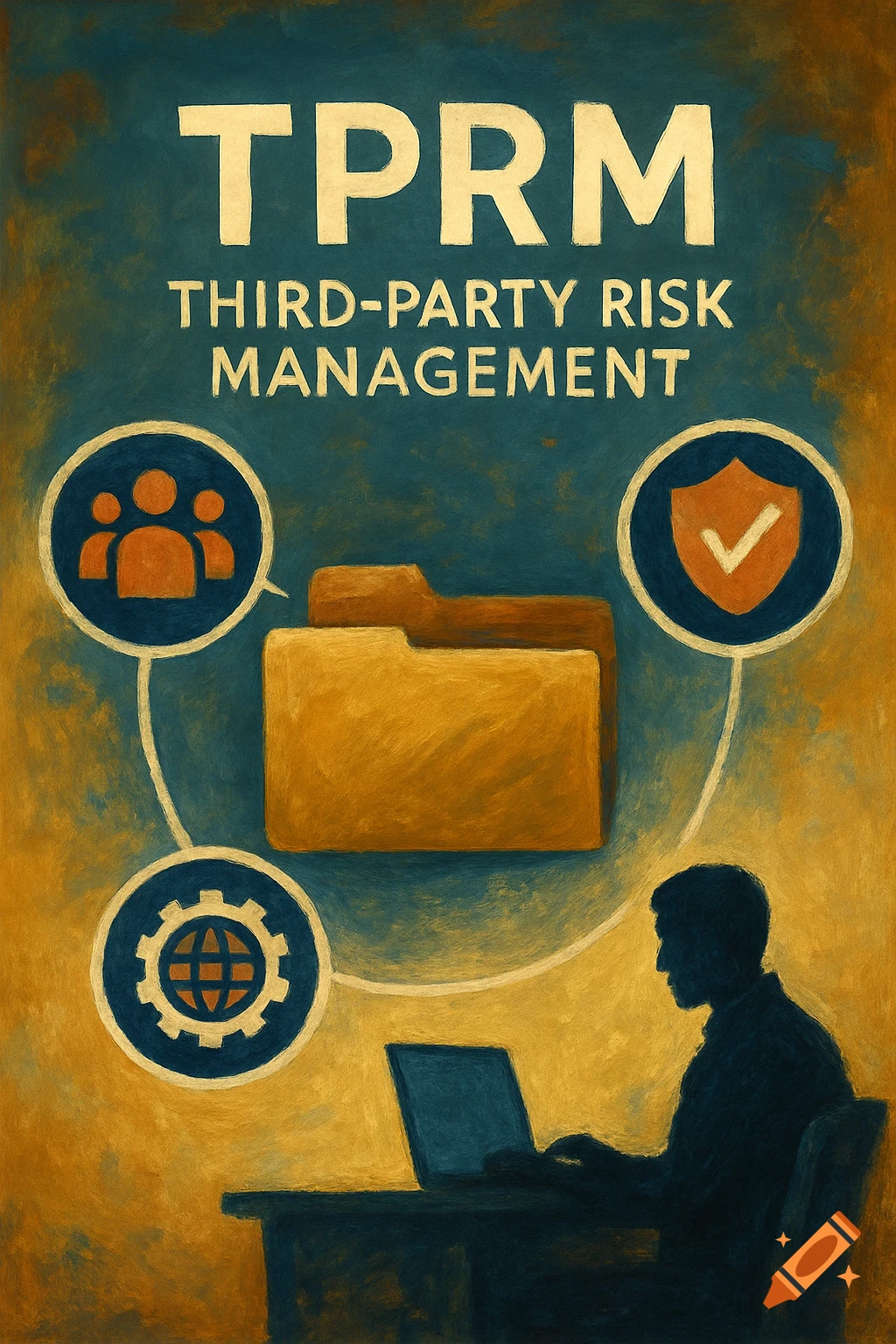 Painterly illustration for TPRM showing icons, a folder, text, and a ...