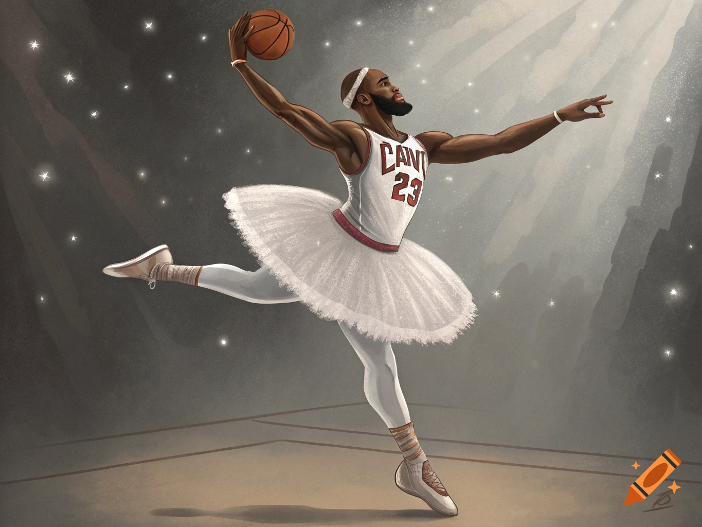 LeBron James in a tutu and basketball jersey dances ballet with a basketball. on Craiyon