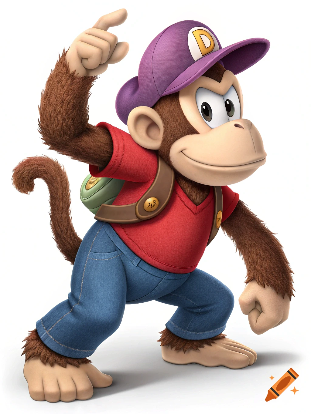 Diddy Kong, a cartoon monkey in a red shirt, jeans, and purple hat ...
