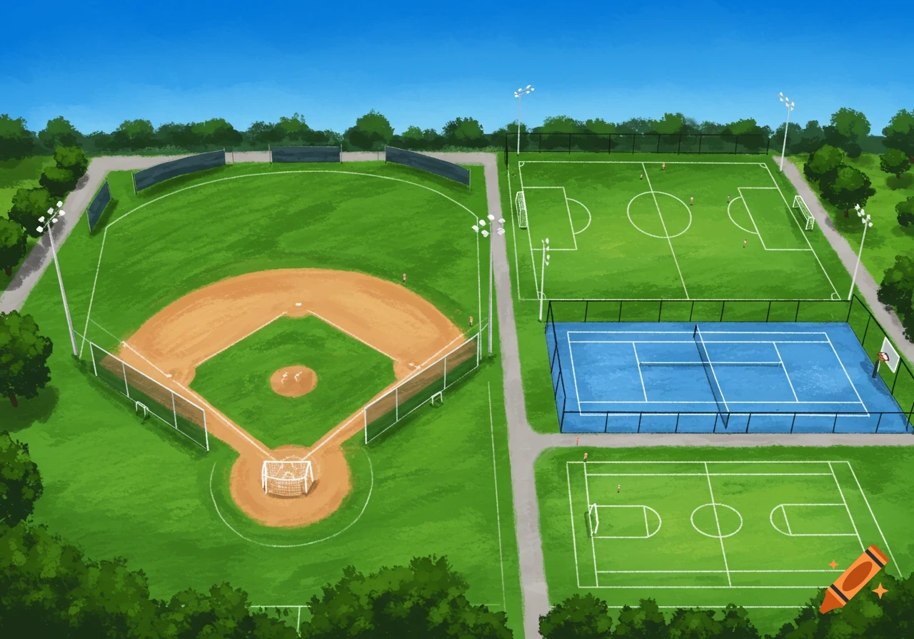 Aerial illustration of a sports complex with baseball, soccer, tennis ...