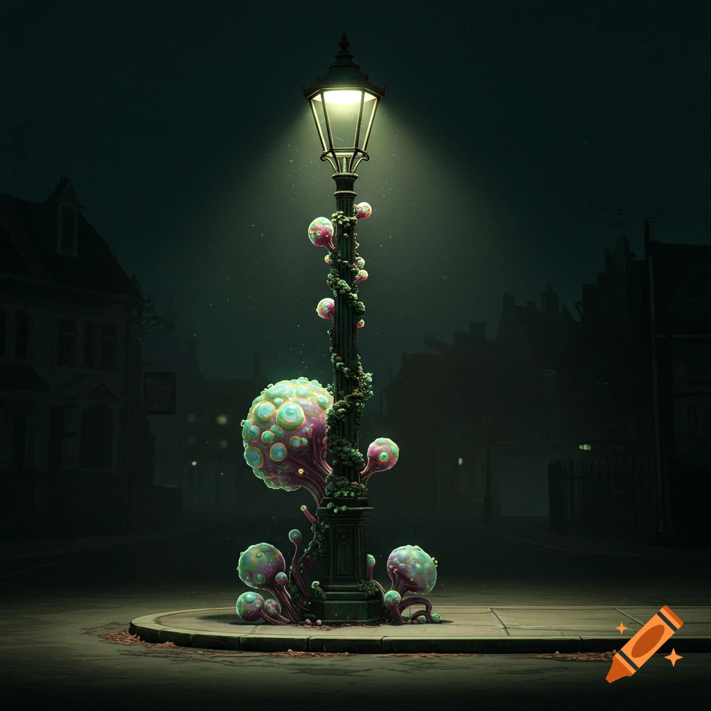 A dark street corner with a lamp post covered in strange, colorful ...