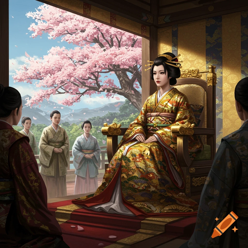 Japanese queen on throne looking at cherry blossoms, flanked by ...