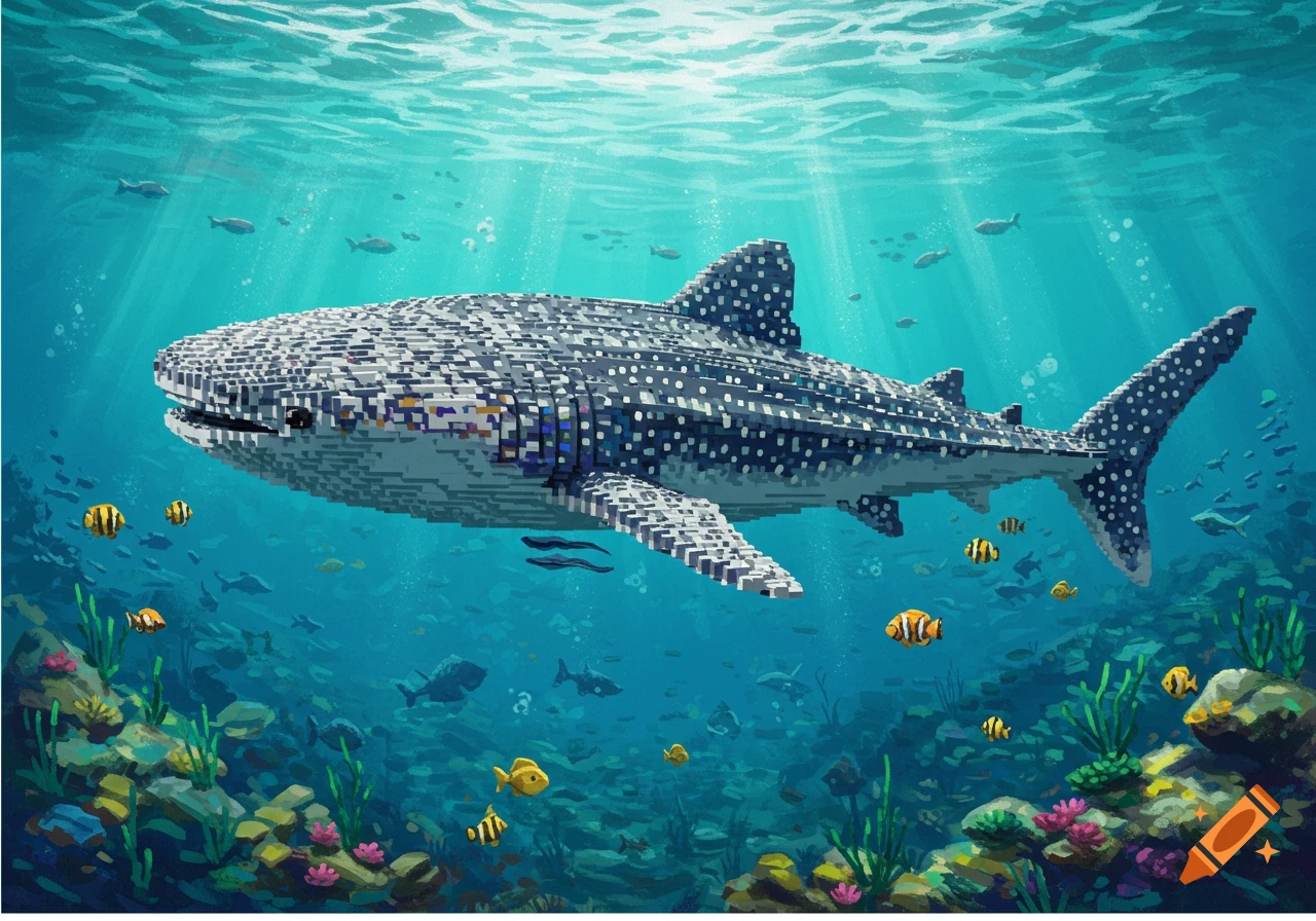 A large whale shark made of blocks swims underwater with smaller fish ...