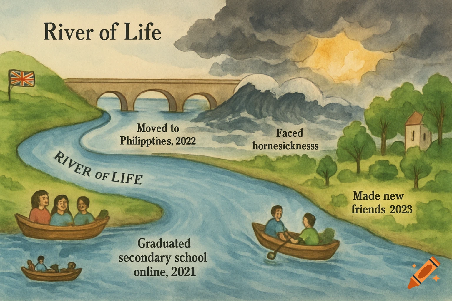 Watercolor drawing of the River of Life with boats, a bridge, and text ...
