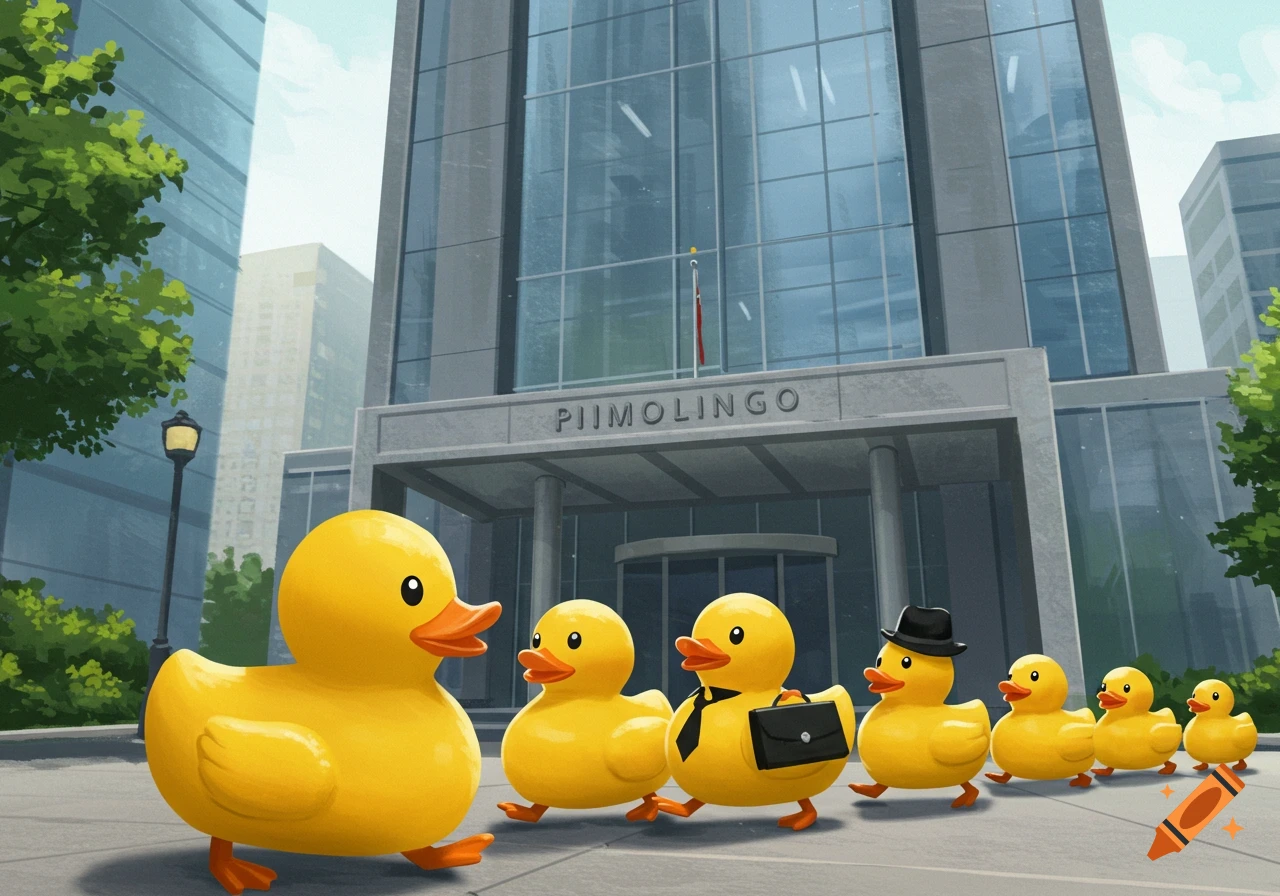 A line of rubber ducks, some in business attire, walking towards an ...