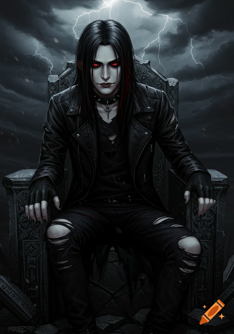 Gothic character with black hair and red eyes sitting on a stone throne ...