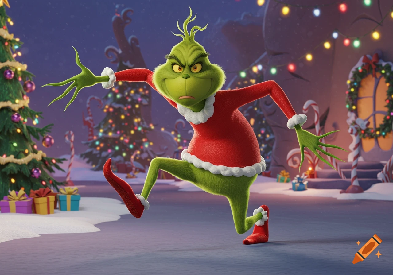 The Grinch in a Santa suit poses outdoors in a snowy Christmas scene ...