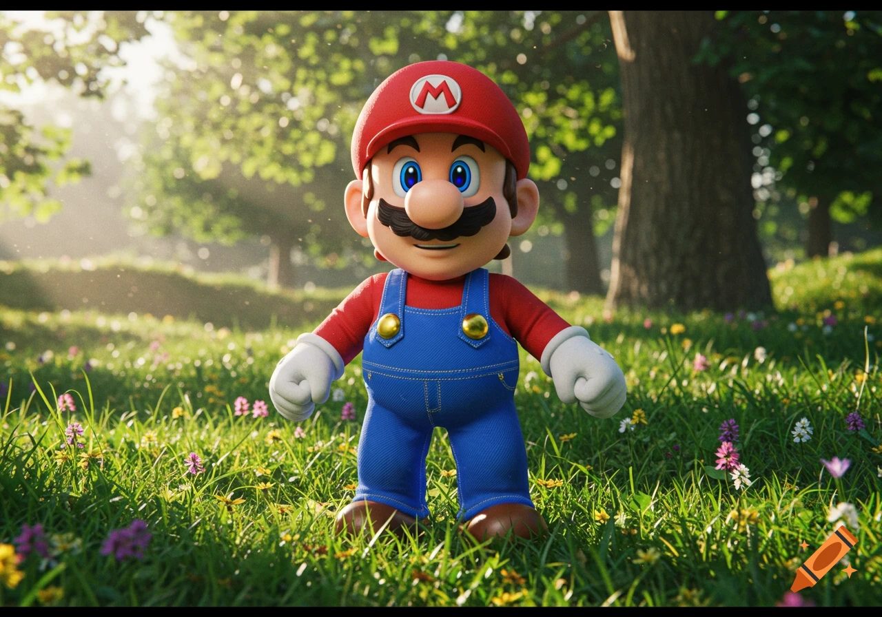 Super Mario stands in a sunlit grassy field. on Craiyon