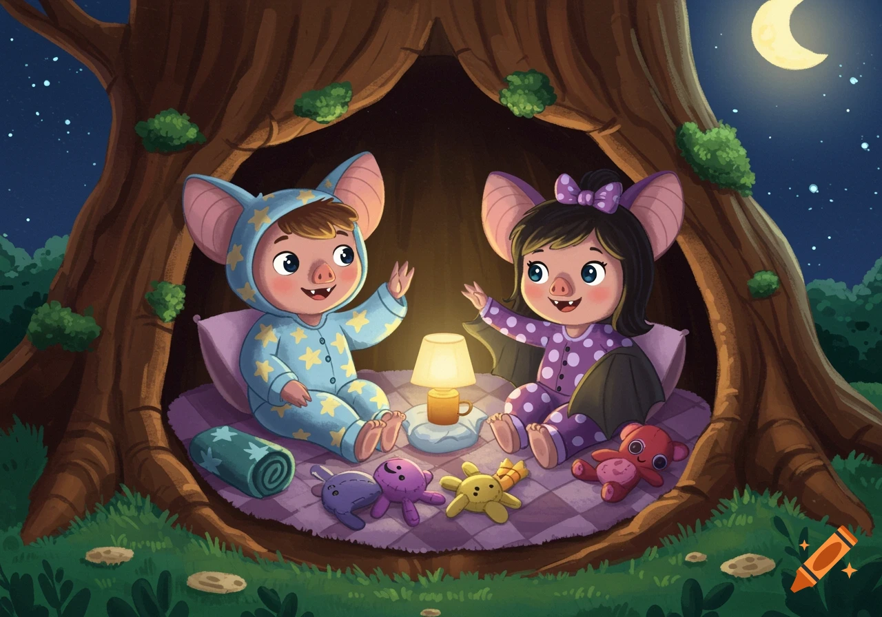 Cartoon illustration of a boy and girl in bat pajamas having a ...