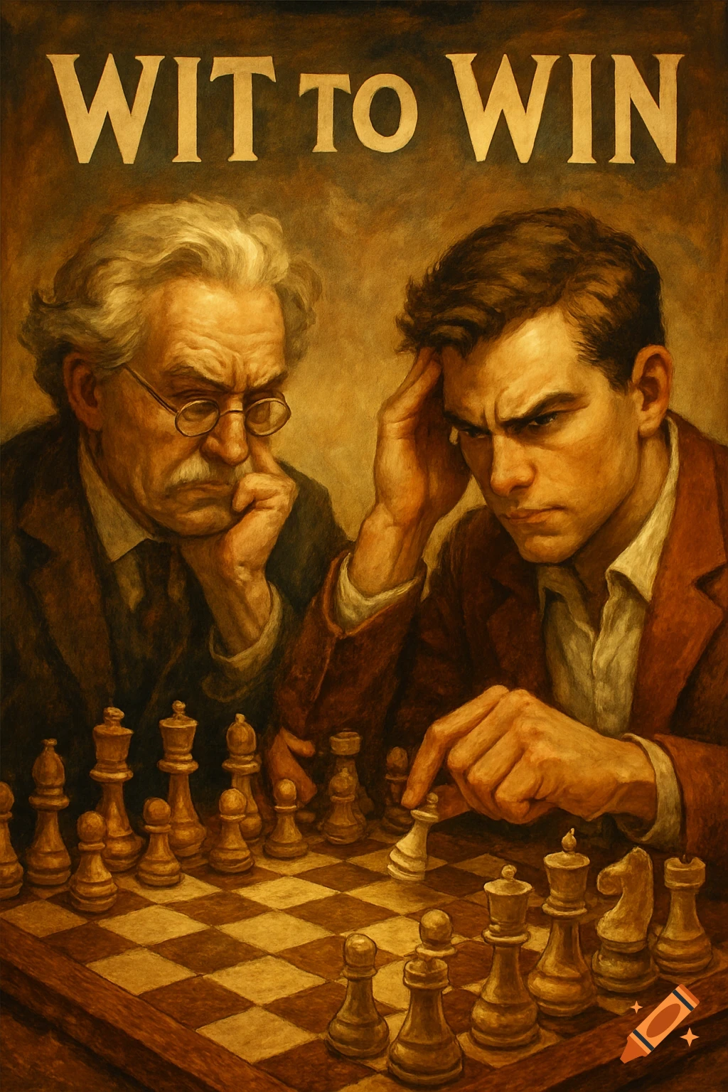 Illustration of two men playing chess with the text WIT TO WIN above ...